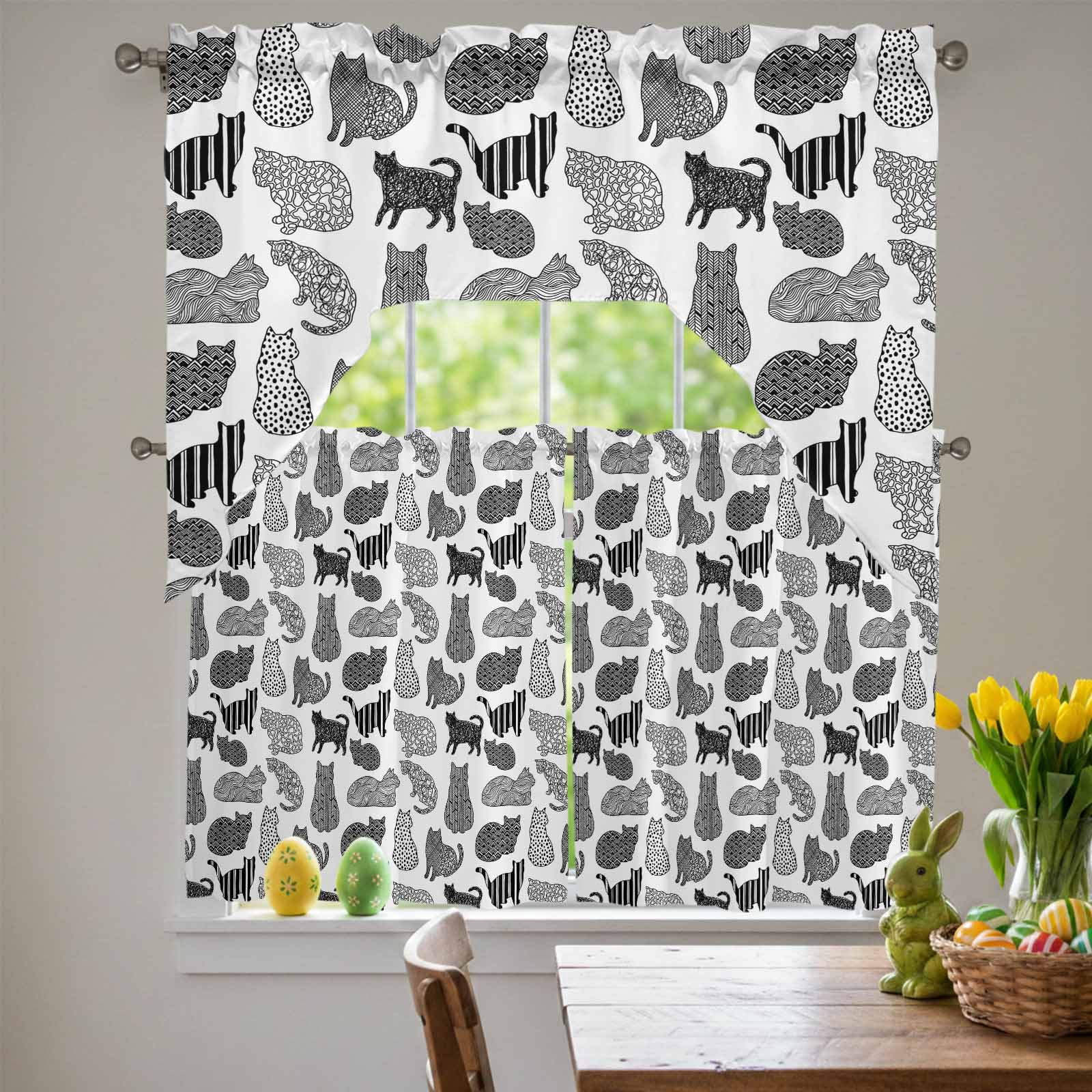 Abstract Cats Swag Curtains Valance & Tier Set, Gray Black Striped Cat ...