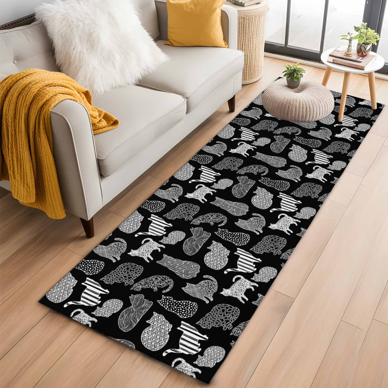 Abstract Cats Washable Runner Rugs 2'x6', Black Gray Striped Cat Modern ...