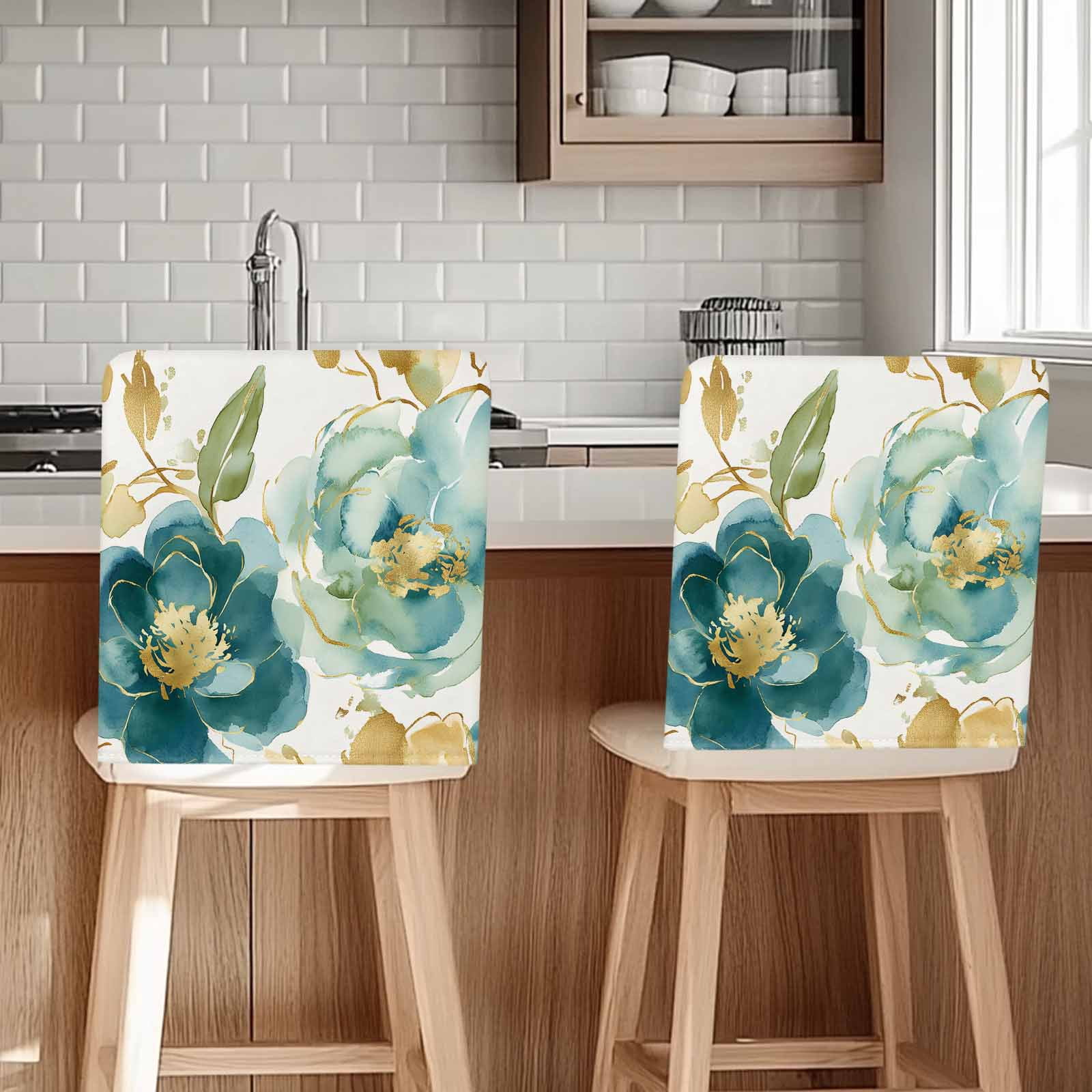 Abstract Chair Covers Set of 4 Green Peony Pattern Petals Leaves Gold ...