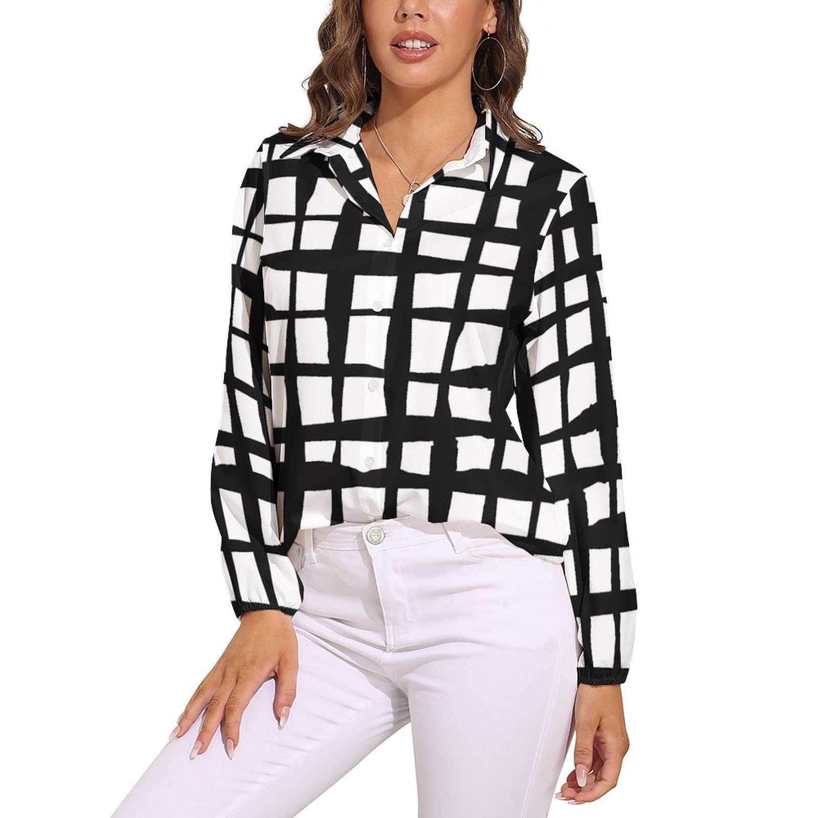 Abstract Check Print Blouse Female Black Twist Casual Loose Blouses ...