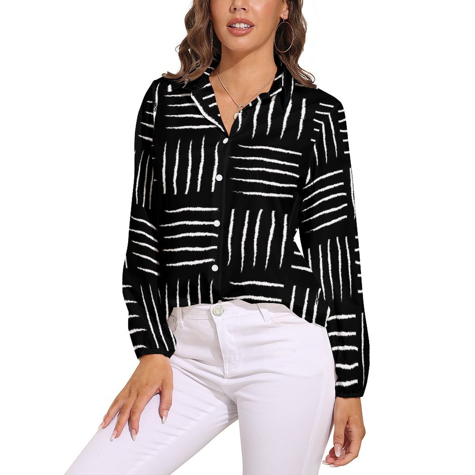 Abstract Check Print Blouse Female Black Twist Casual Loose Blouses ...