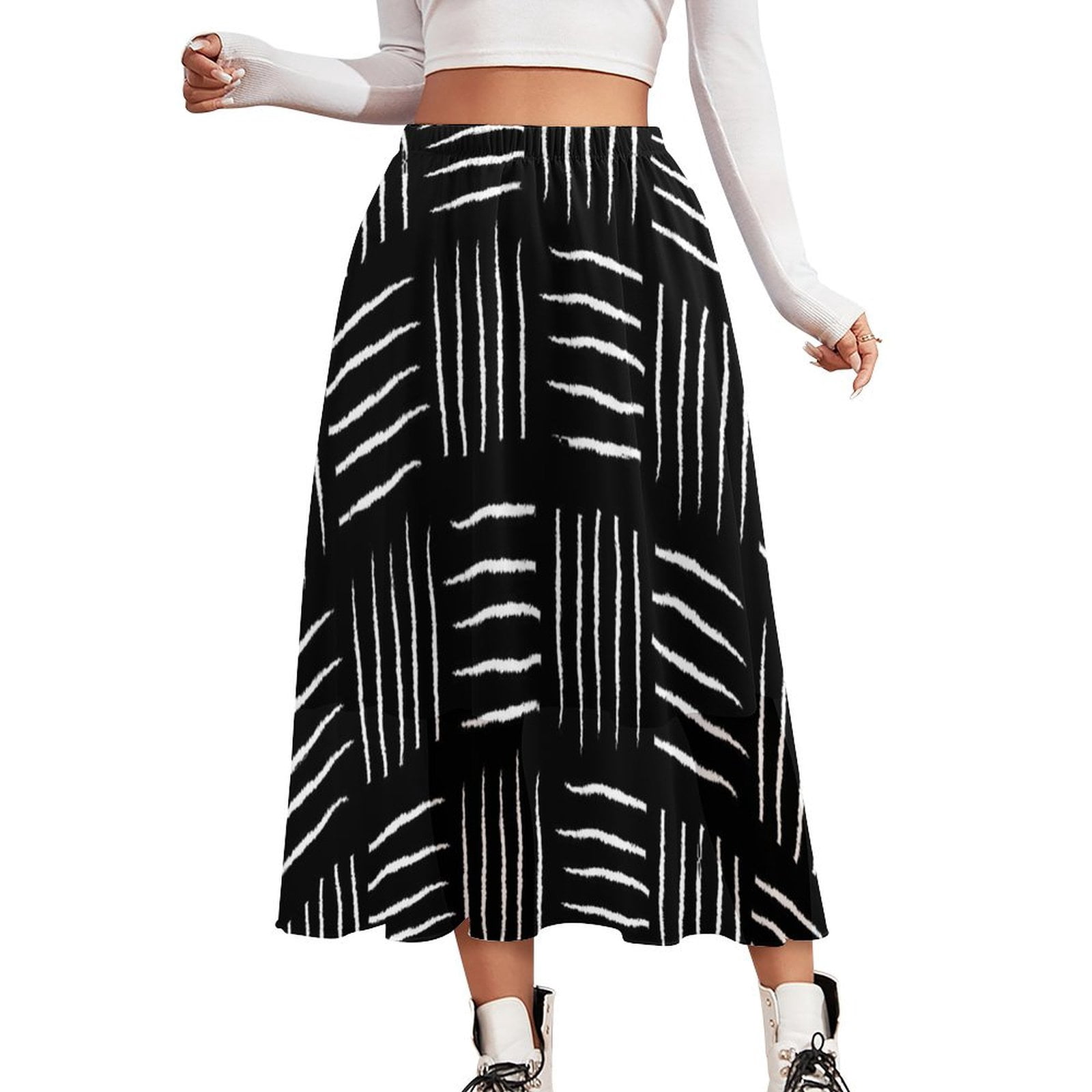 Abstract Check Print Skirt Black Twist Street Fashion Long Skirts ...