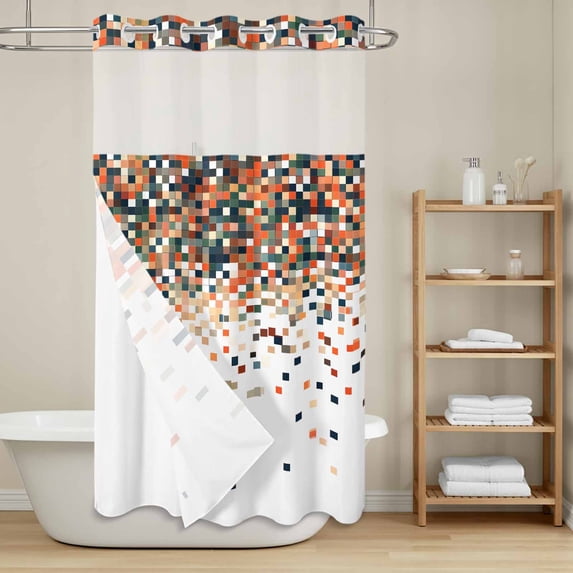 Abstract Check Texture No Hook Shower Curtain with Snap in Liner ...