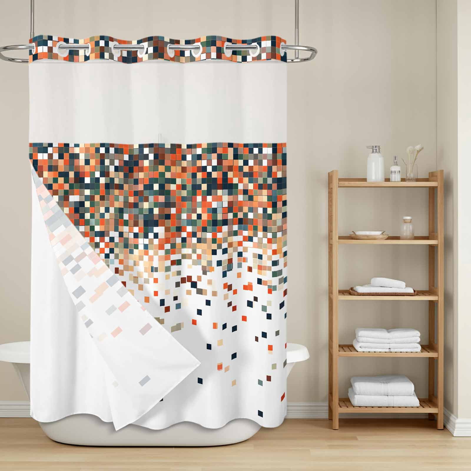 Abstract Check Texture No Hook Shower Curtain with Snap in Liner ...