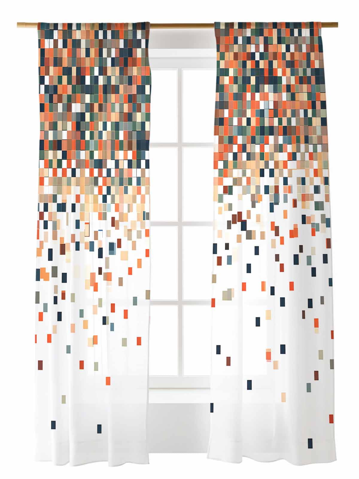 Abstract Check Texture Sheer Curtains 2 Panels Set Orange Green White ...