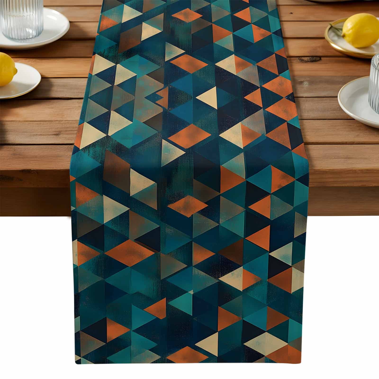 Abstract Check Texture Table Runner, Orange Green Blue Check Kitchen ...