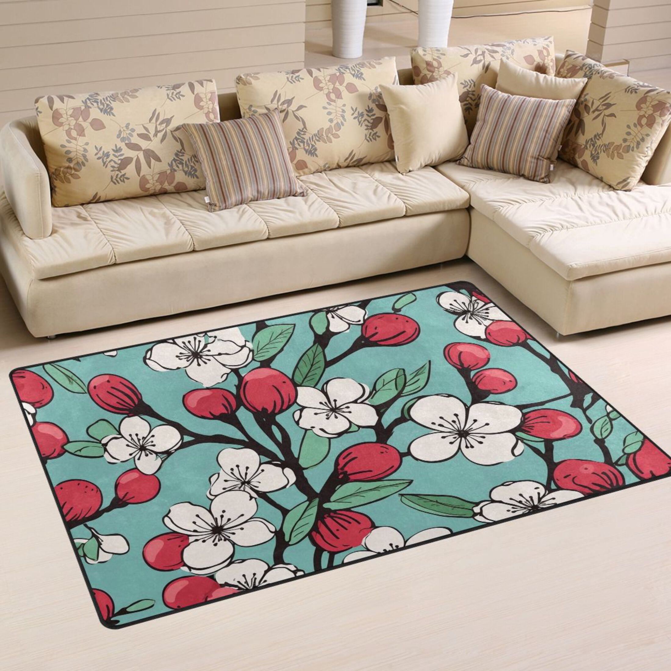 Abstract Cherry Flowers Area Floor Mats Non-Slip Rugs Soft Doormat 60 x ...