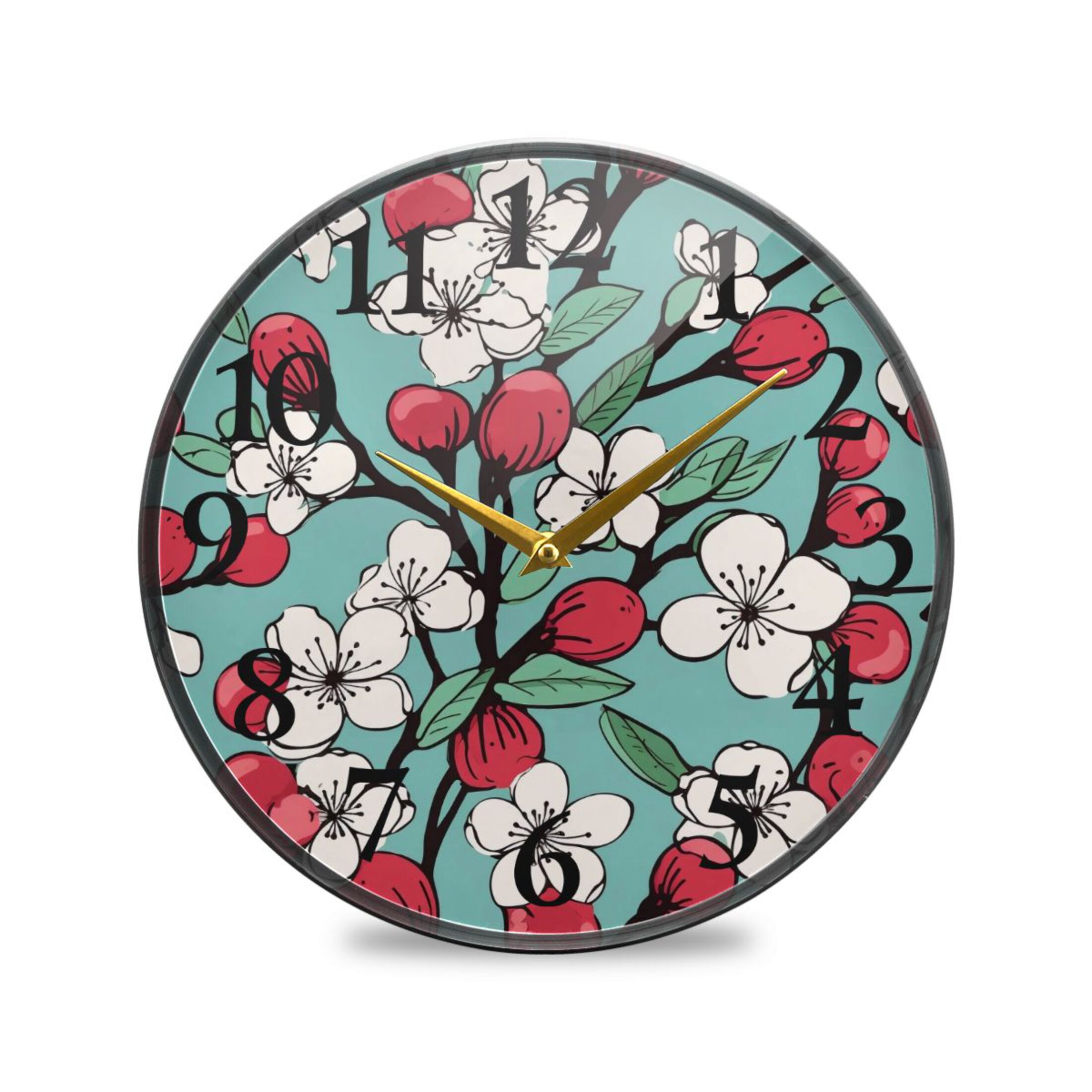 Abstract Cherry Flowers Wall Clocks Battery Operated 9.5 Inch Round ...