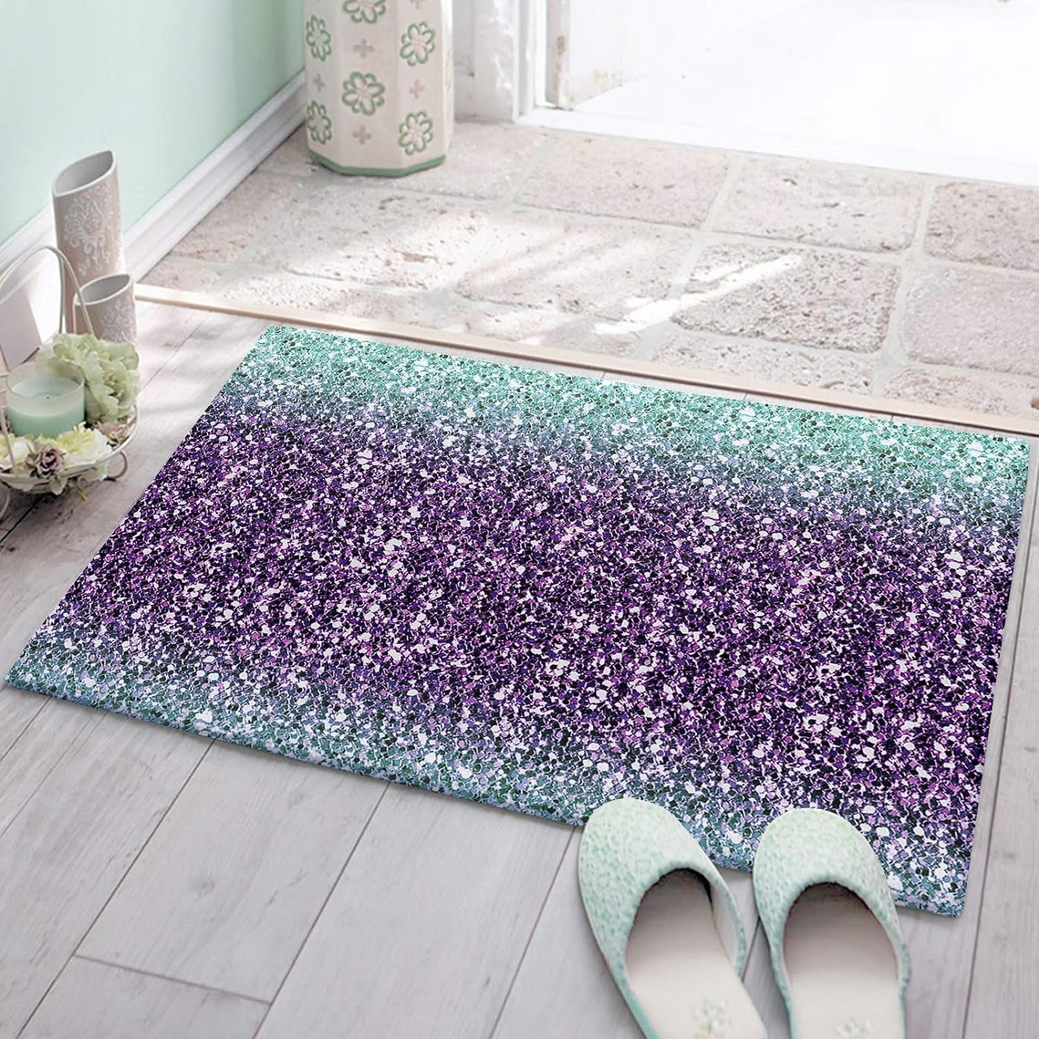 Abstract Chic Teal Purple Glitter Art Ultra Soft Bathroom Rug, Shag ...