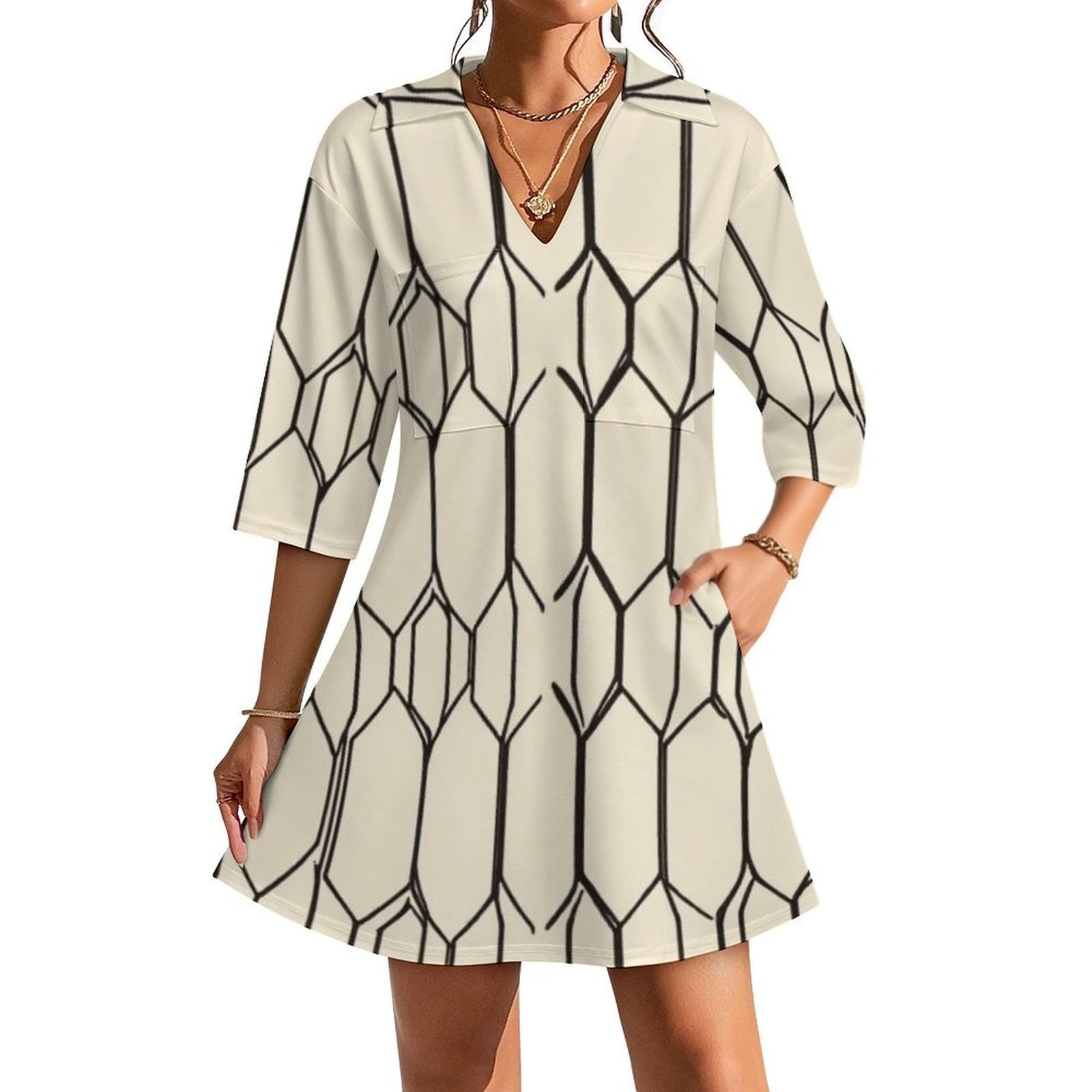 Abstract Chicken Wire Pattern Design Womens Dress With Pockets Summer V ...