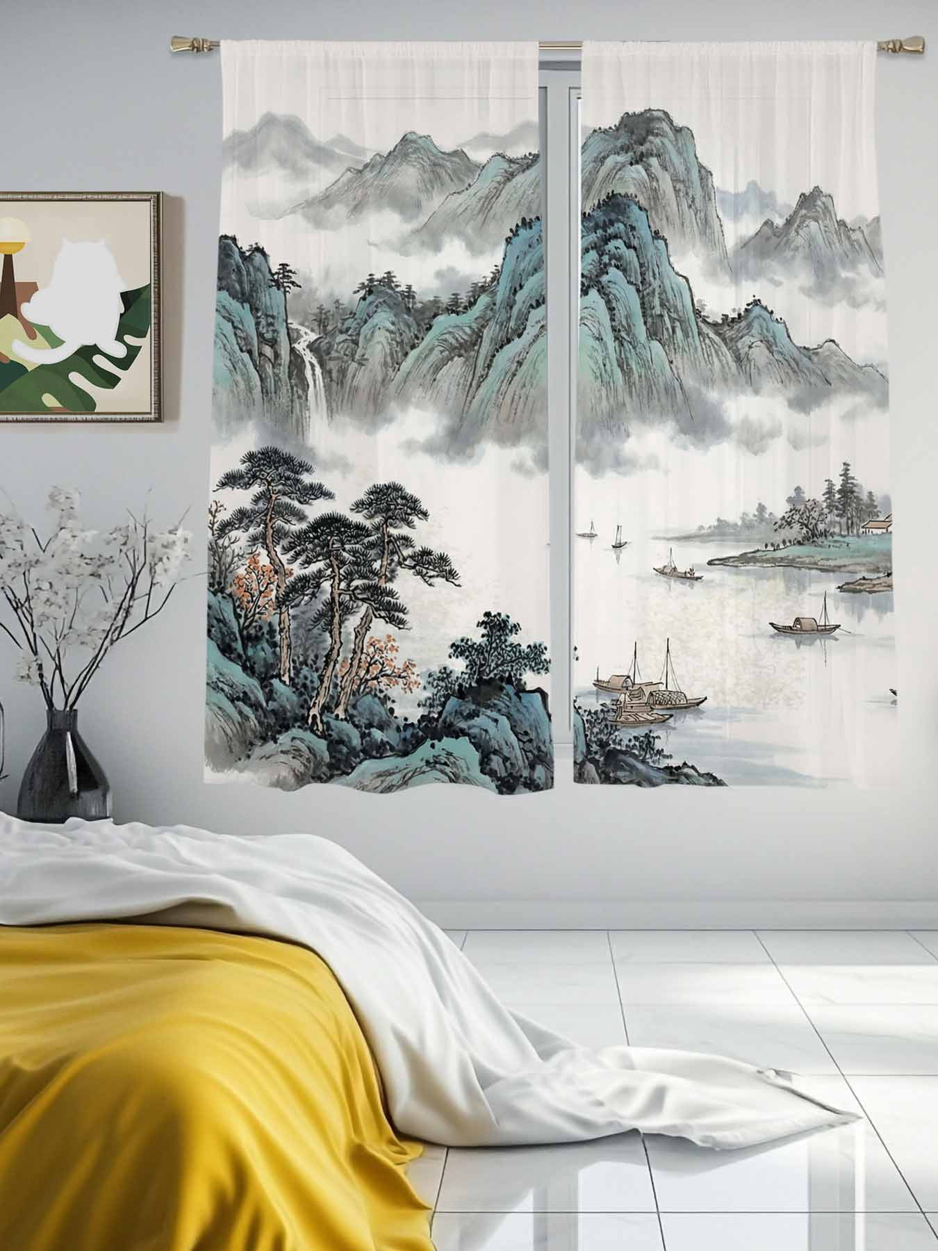 Abstract Chinese Mountains Trees Sailboats Chiffon Sheer Curtains 63 ...