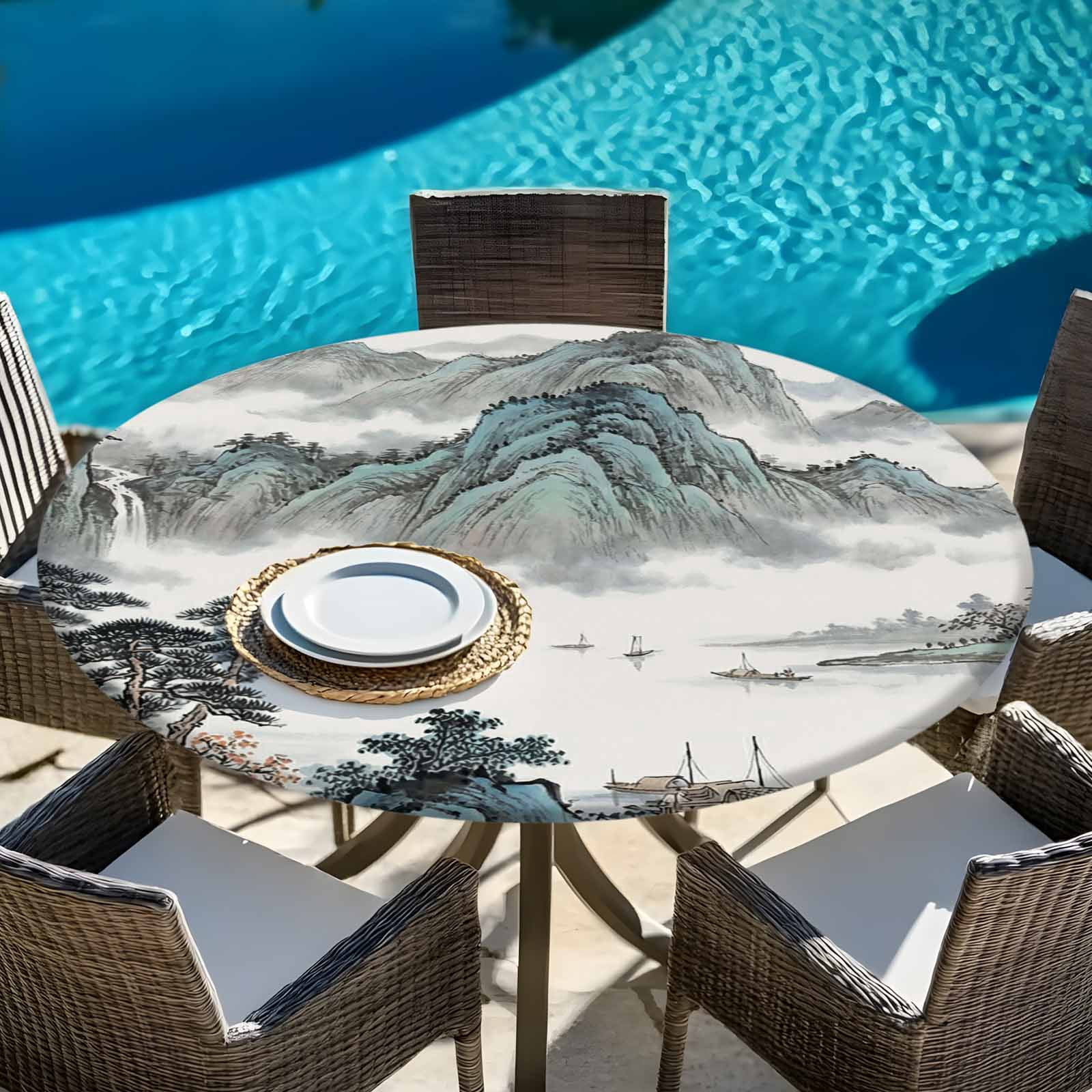 Abstract Chinese Mountains Trees Sailboats Round Fitted Tablecloth with ...