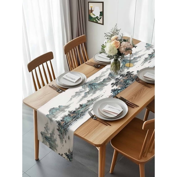 Abstract Chinese Mountains Trees Sailboats Table Runner 90 Inches Long ...
