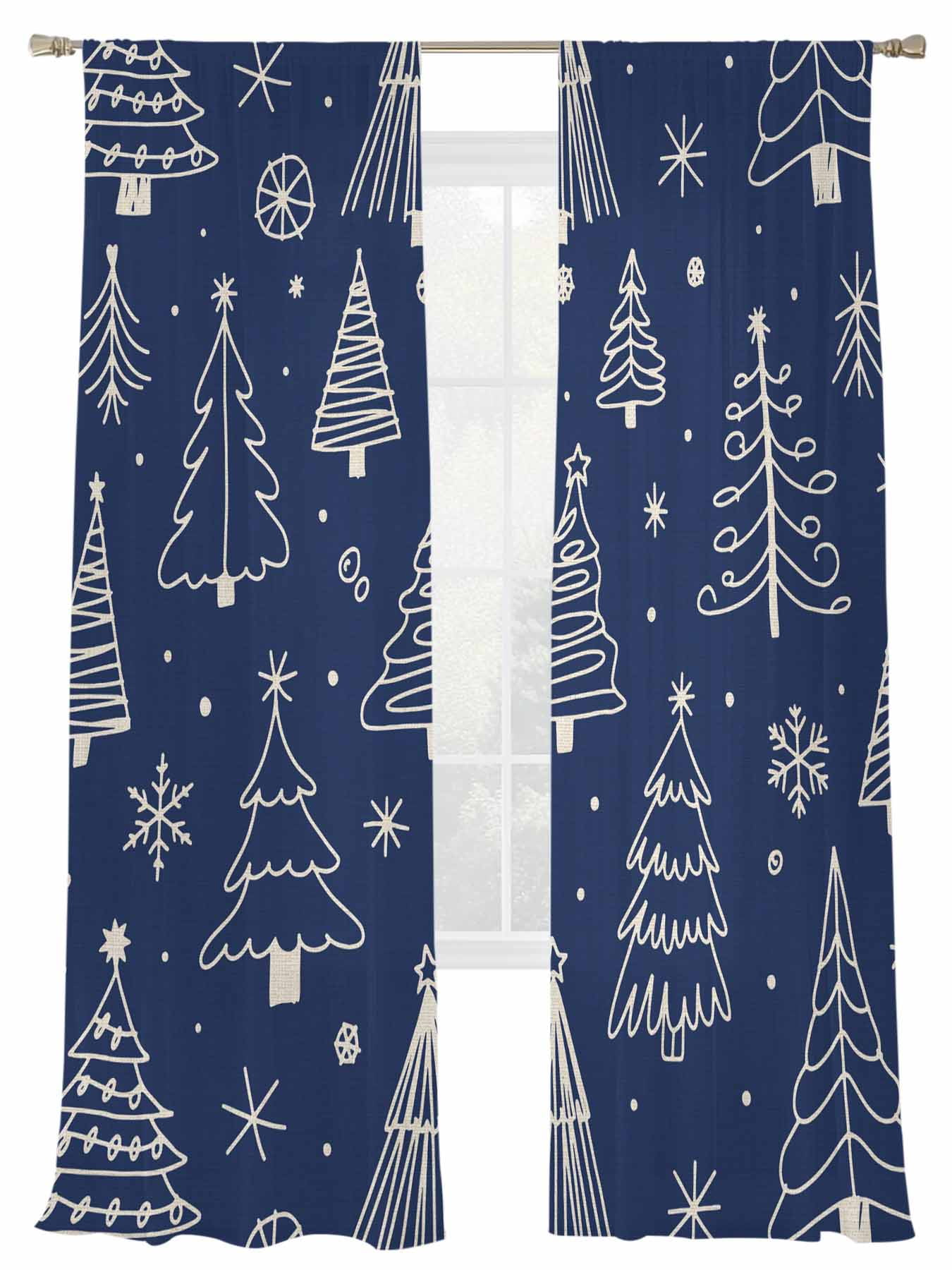 Abstract Christmas Tree Sheer Curtains 84 inches Long, Lines Trees Navy ...