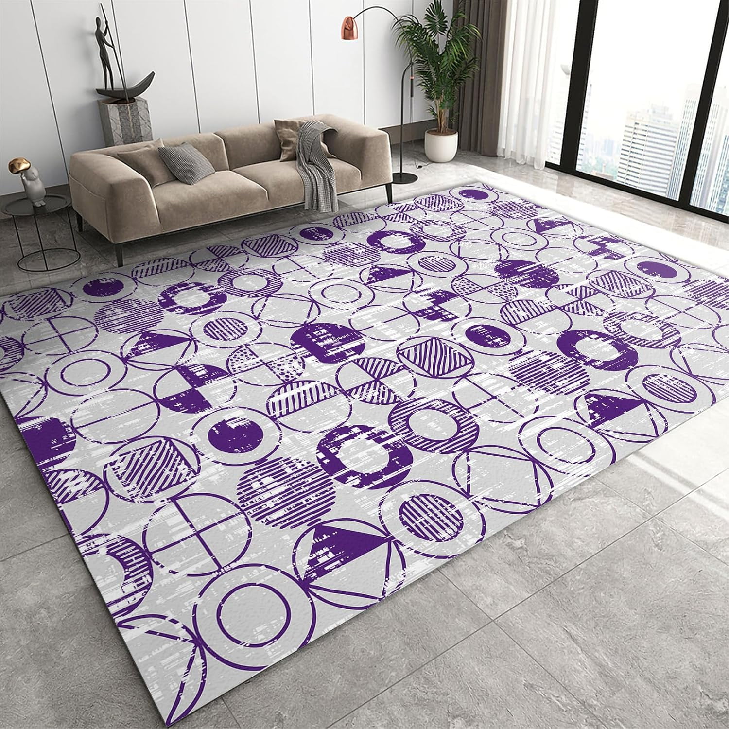 Abstract Circle Geometric Rug, Modern Minimalist Purple Non Slip Throw ...