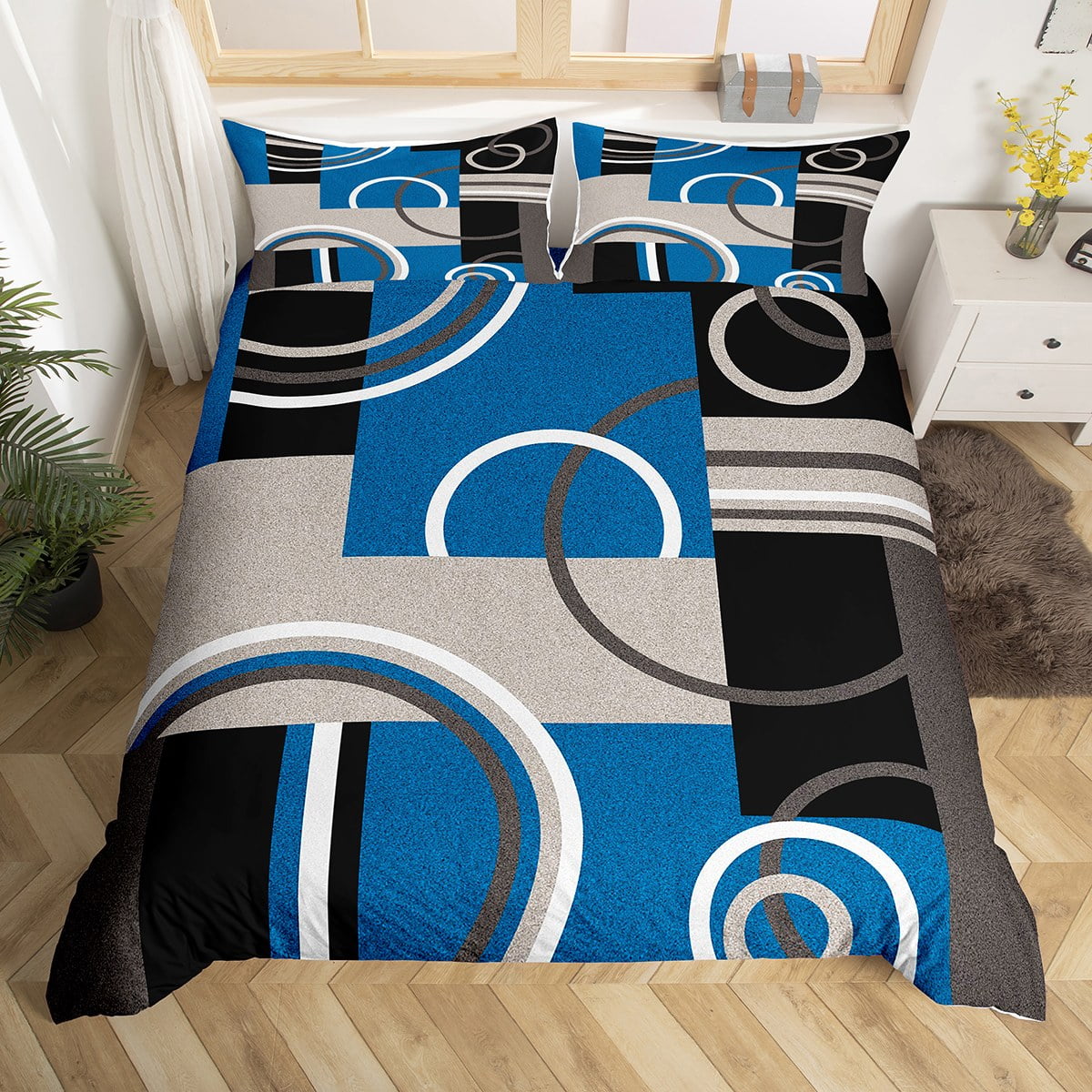 Abstract Circles Duvet Cover Queen Modern Blue Black Grey Bedding ...