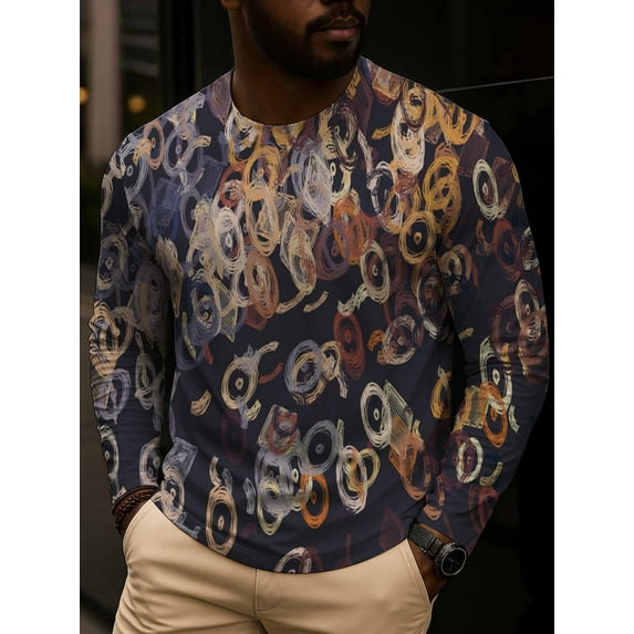 Abstract Circles Print T-Shirt Long-sleeved camouflage figure full mens ...