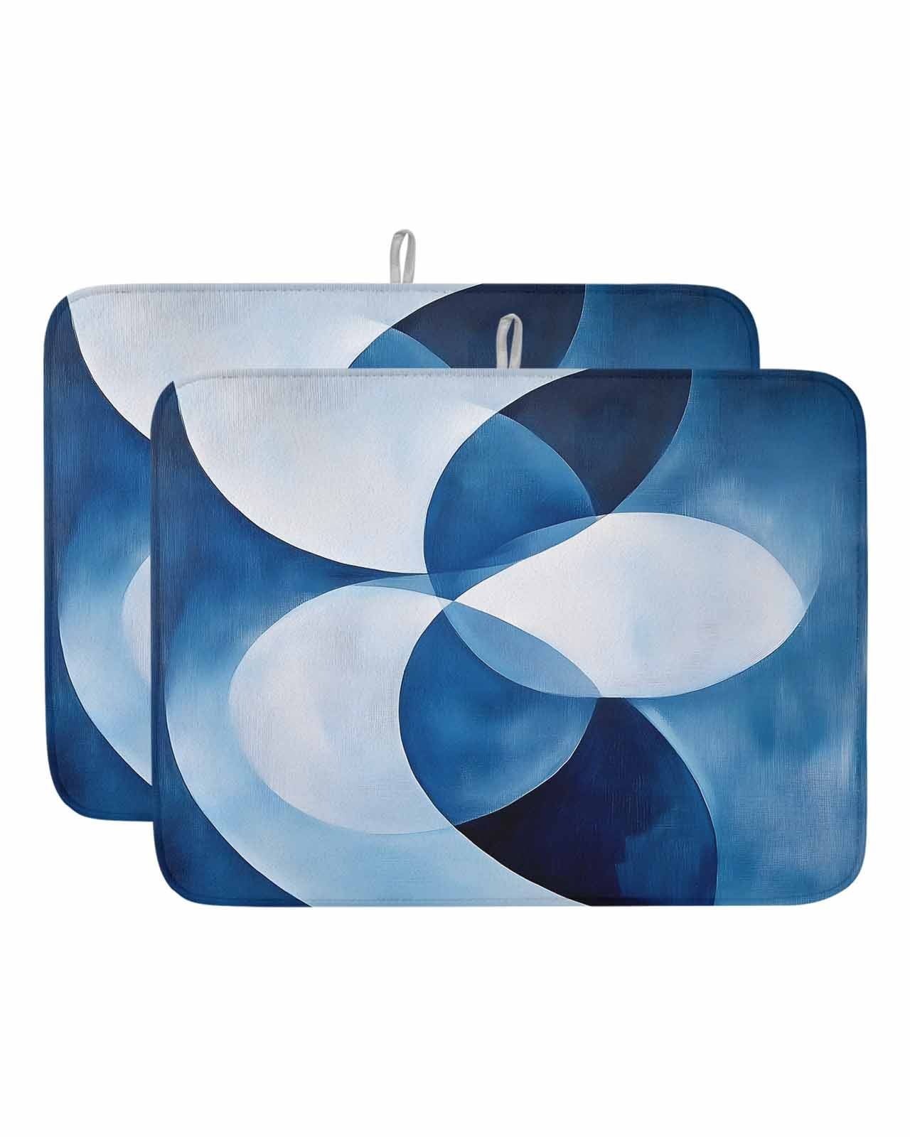Abstract Circular Dish Drying Mat 18x24 inch White Blue Stitching ...