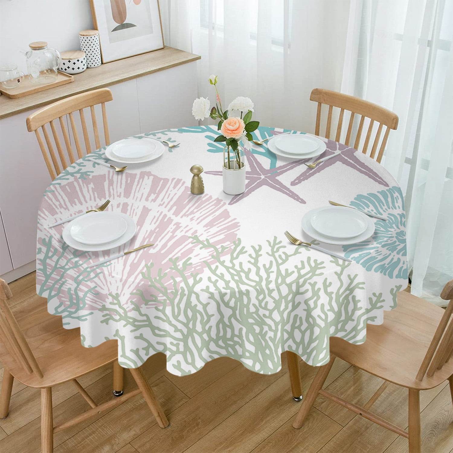 Abstract Circular Geometry Art White Green Round Waterproof Tablecloth ...