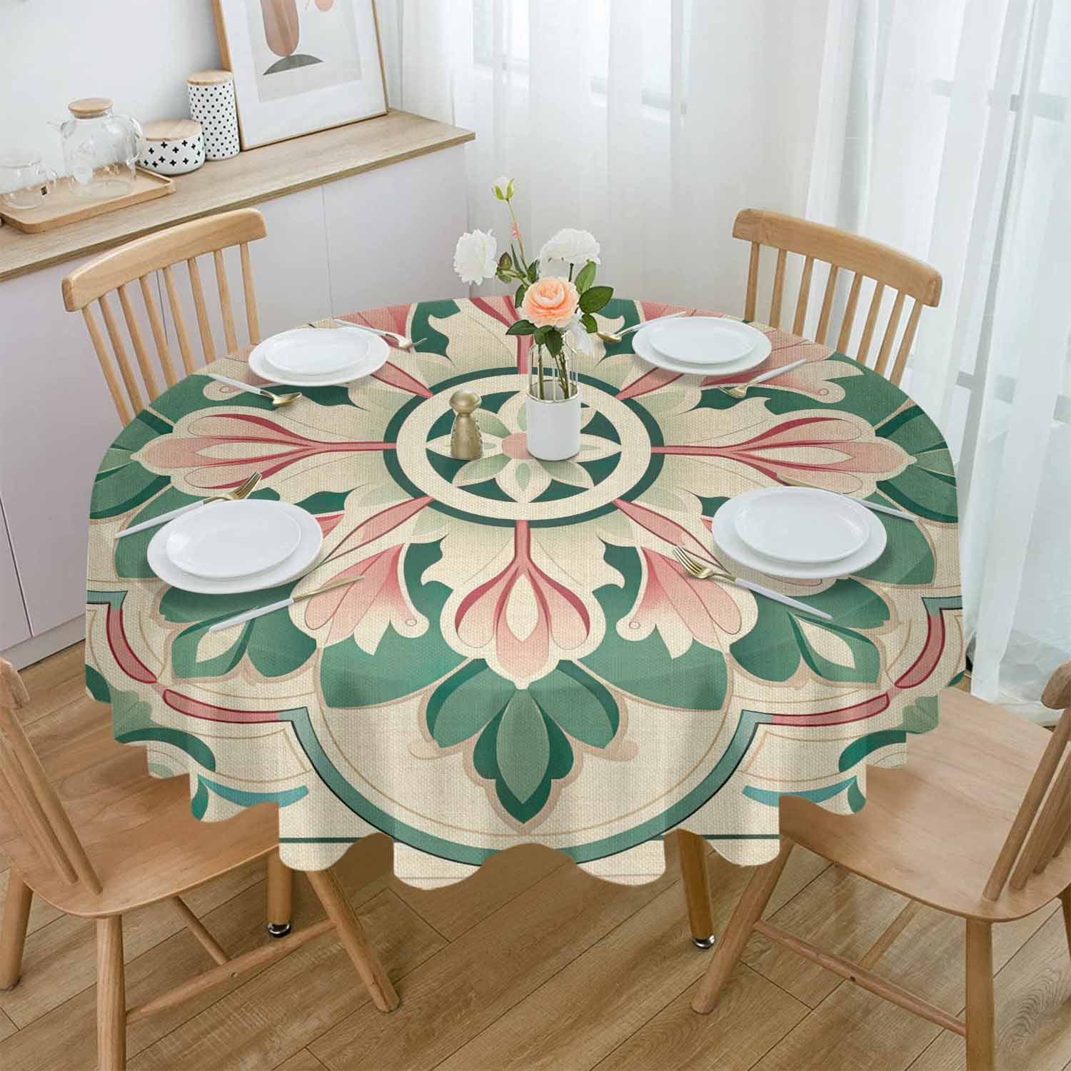 Abstract Circular Geometry Art White Green Round Waterproof Tablecloth ...