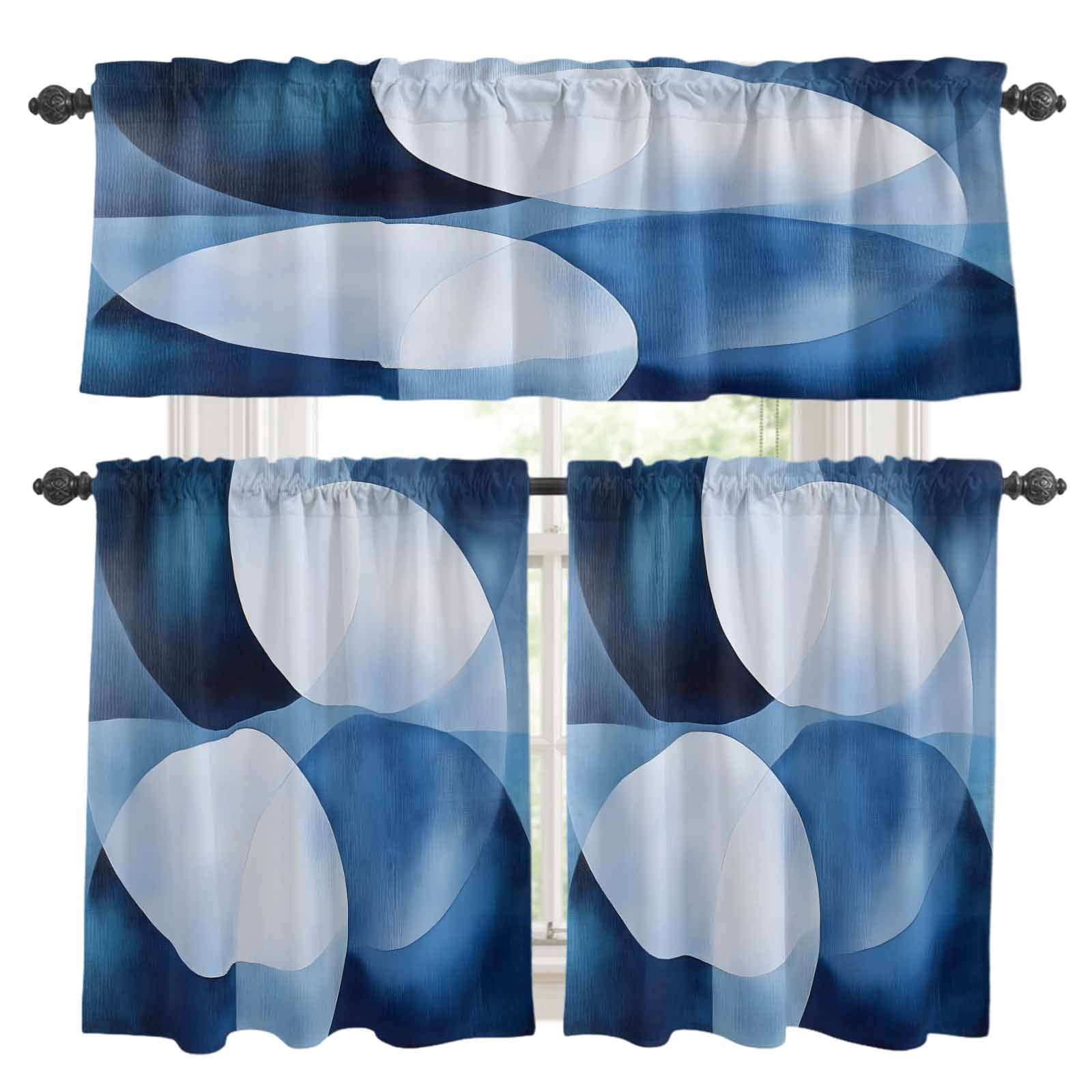 Abstract Circular Kitchen Curtains Valance and Tier Set White Blue ...