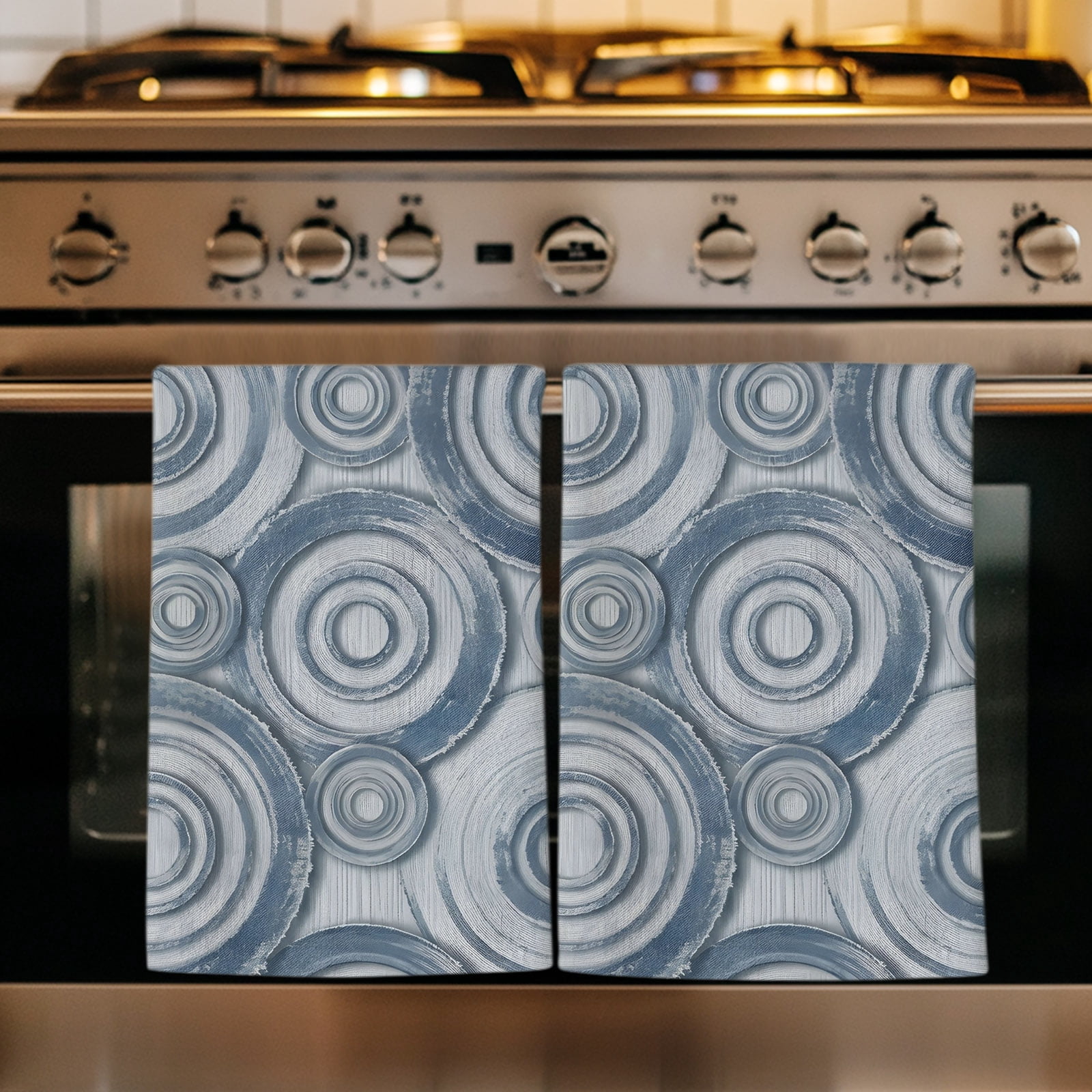 Abstract Circular Ripples Kitchen Towels Set of 3, Modern Blue Artistic ...