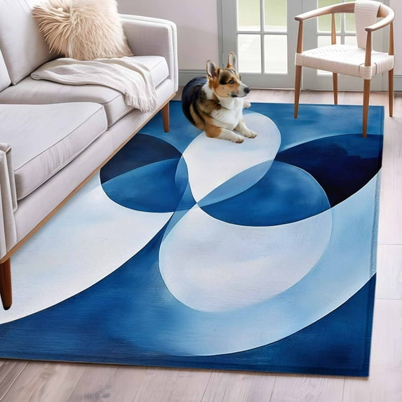 Abstract Circular Washable Area Rug 4x6 111 White Blue Stitching ...