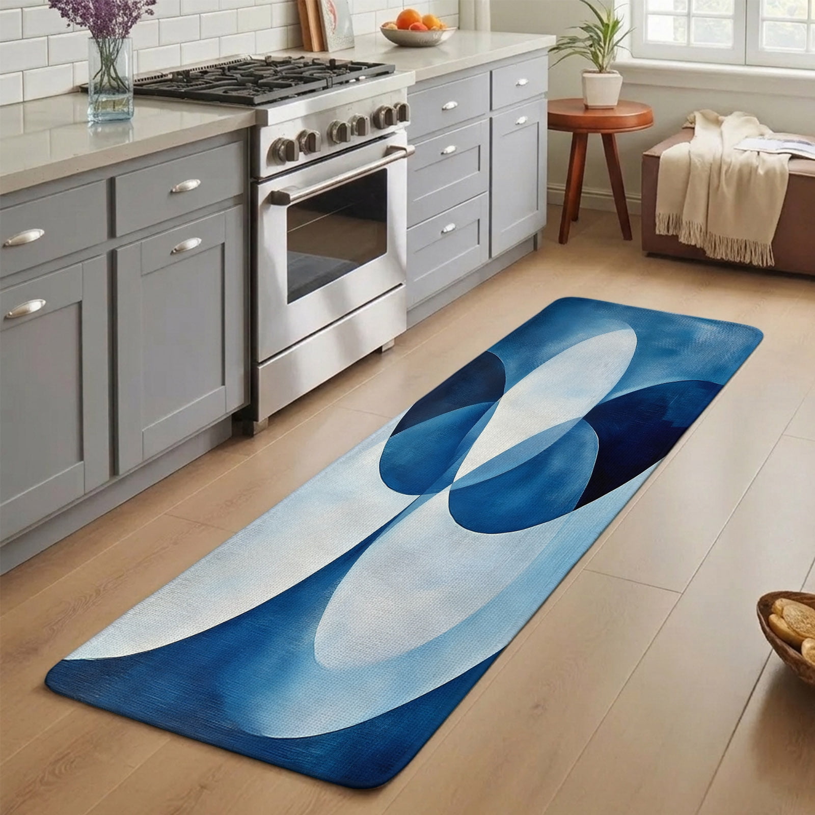 Abstract Circular Washable Runner Rug 3X7 ft White Blue Stitching ...