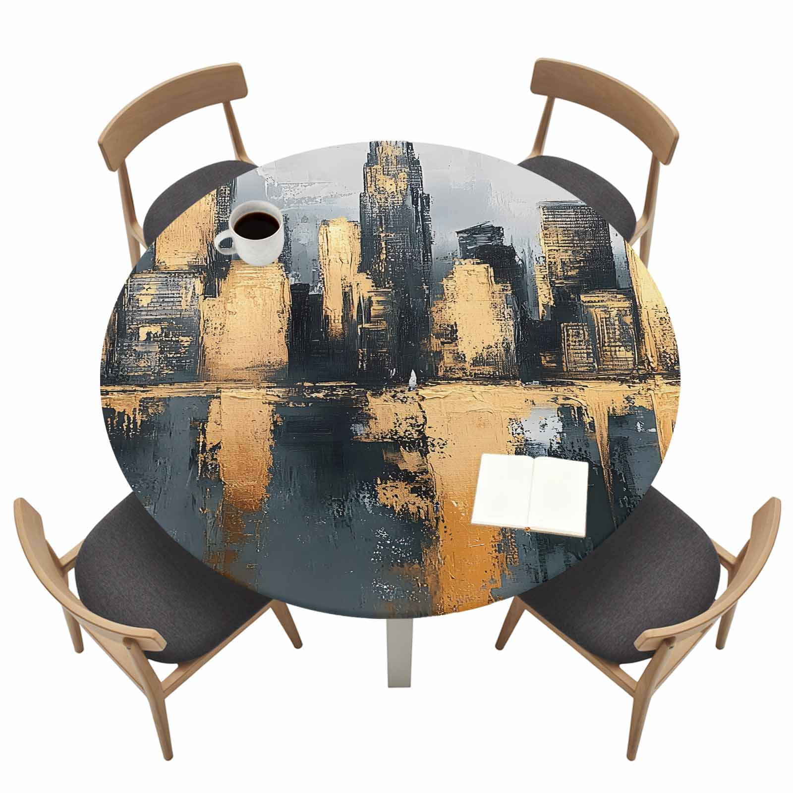 Abstract City Round Fitted Tablecloth with Elastic Edge Hand Painted ...