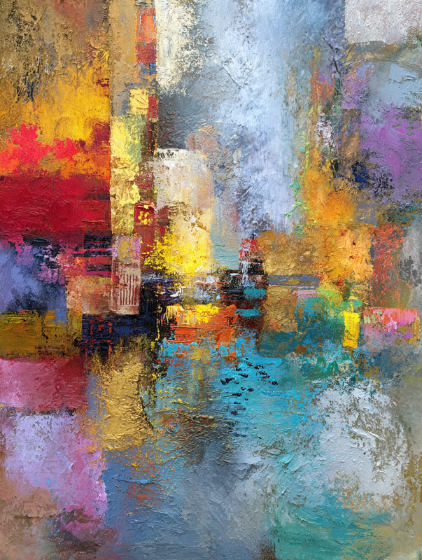 Abstract Cityscape Oil Canvas Print, Modern Textured Art for Living ...