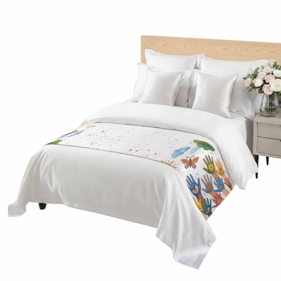Abstract Cloud Bed Runner Twin Size Green Tree Flower Hand Painting Sun ...