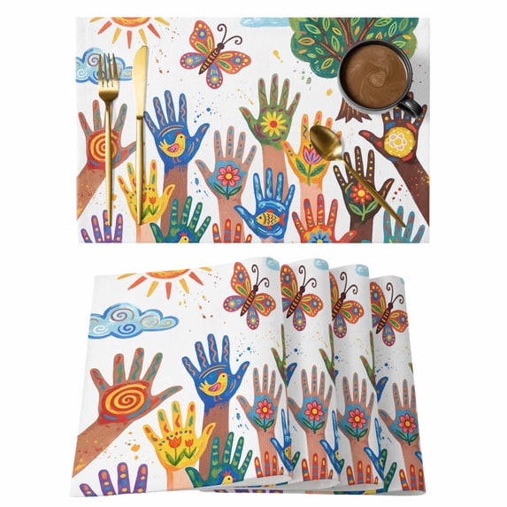 Abstract Cloud Cotton Linen Placemats Set of 12, Green Tree Flower Hand ...