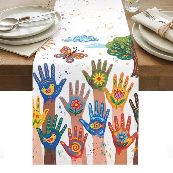 Abstract Cloud Cotton Linen Table Runner Green Tree Flower Hand ...