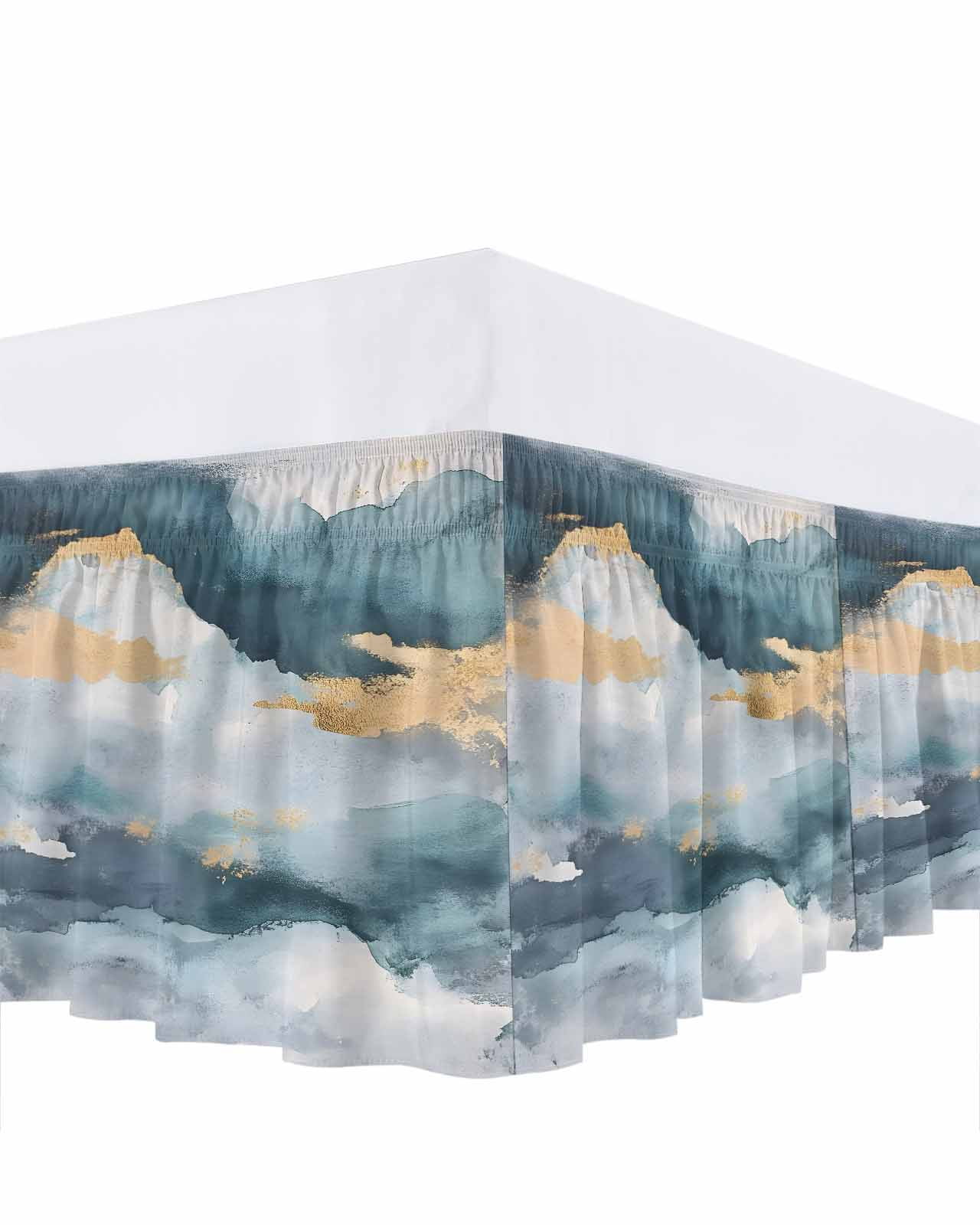 Abstract Cloud Effect Bed Skirt Queen Size 16" Drop Golden Green Marble ...