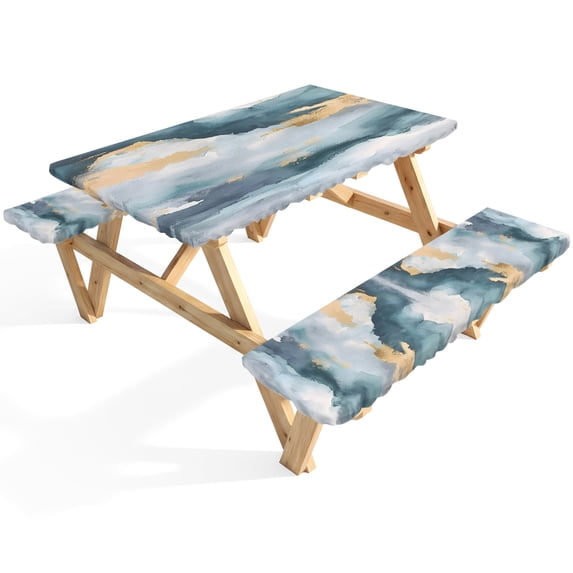 Abstract Cloud Effect Picnic Table Cover with Bench Covers Golden Green ...