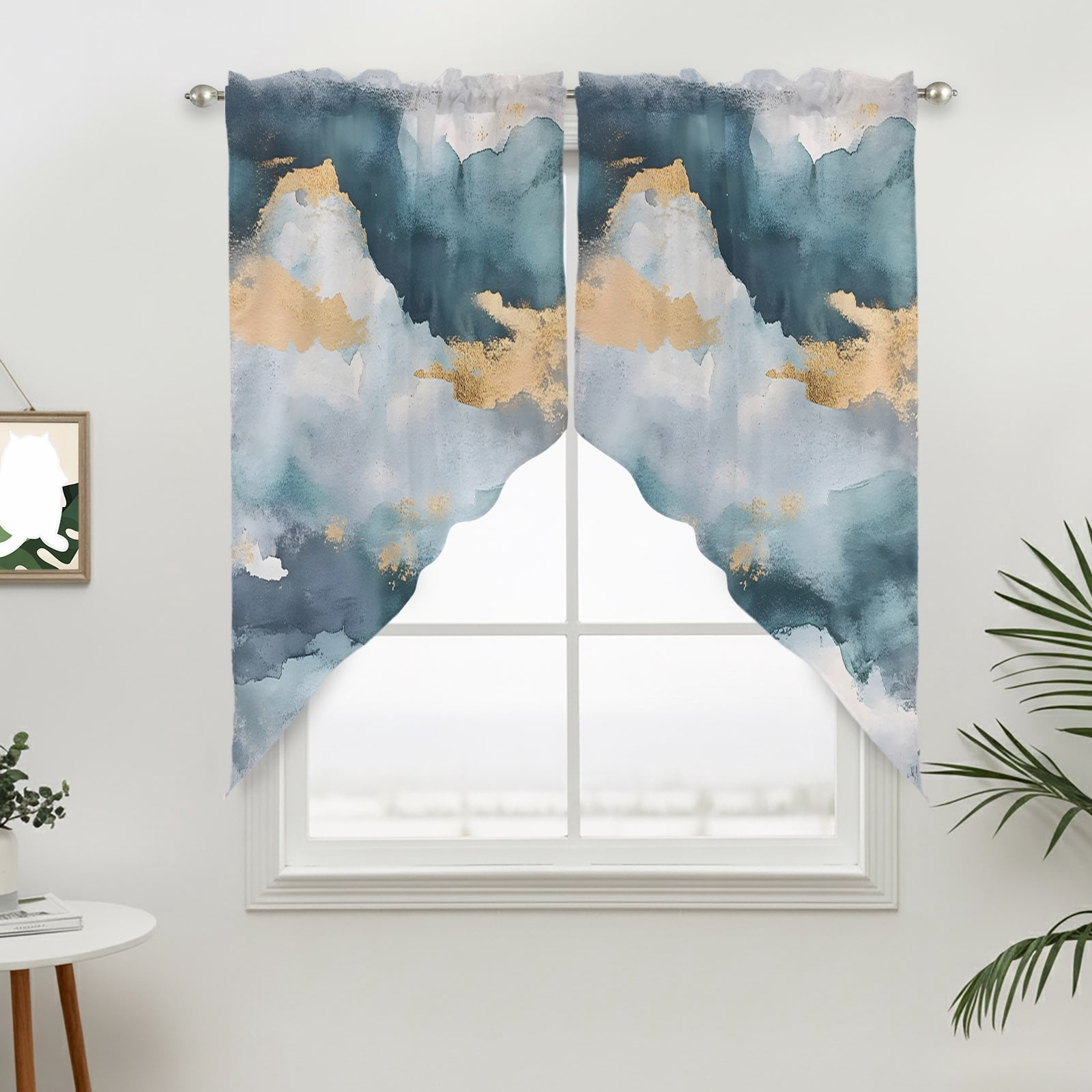 Abstract Cloud Effect Swag Curtain Valance for Windows, Golden Green ...