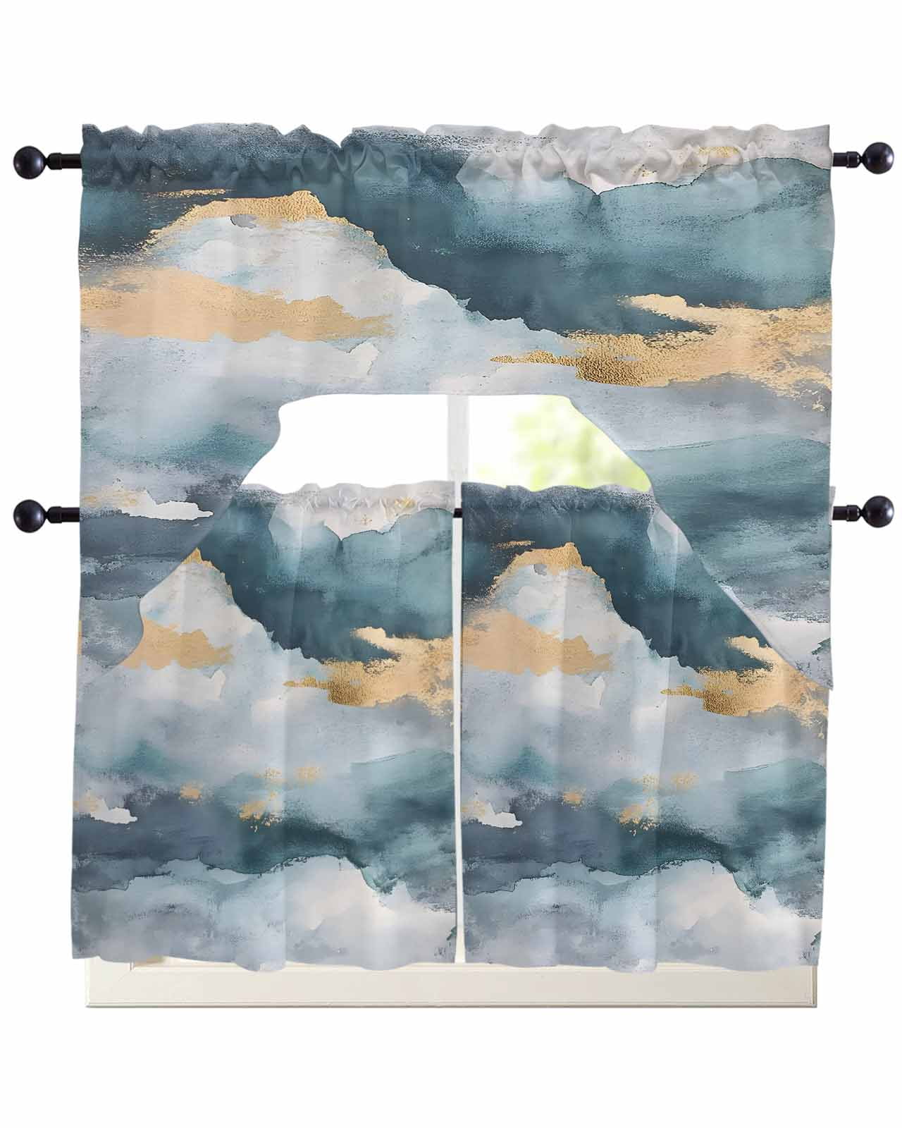 Abstract Cloud Effect Swag Valance and Tier Curtains Set Golden Green ...