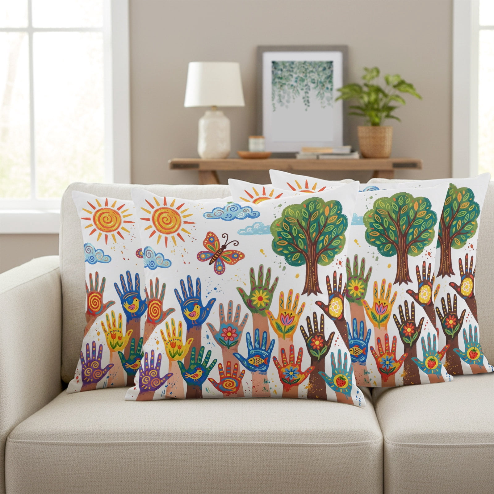 Abstract Cloud Pillow Covers Set of 4, Green Tree Flower Hand Painting ...