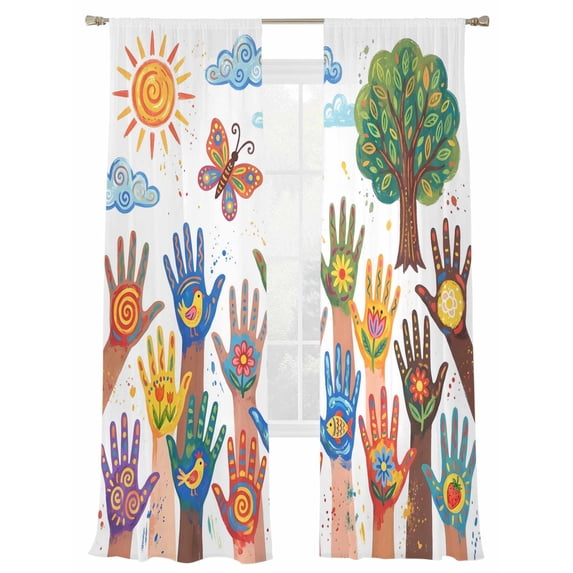 Abstract Cloud Sheer Curtains 2 Panels Set Green Tree Flower Hand ...