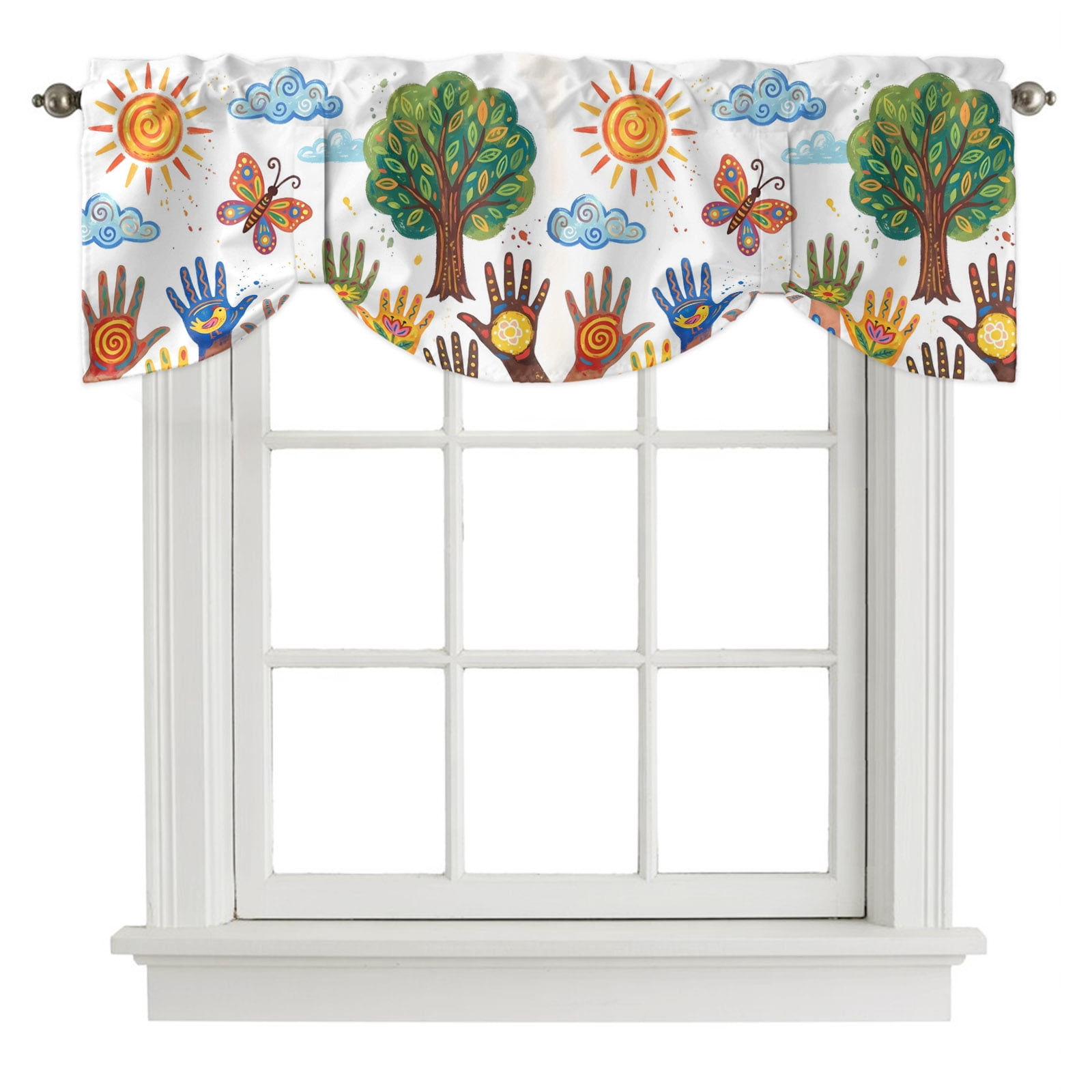 Abstract Cloud Tie Up Valance Curtains Green Tree Flower Hand Painting ...