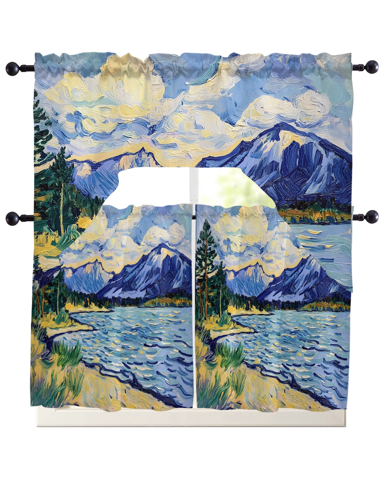 Abstract Coastal Kitchen Curtains Set for Windows 3 Piece Cafe Curtains ...