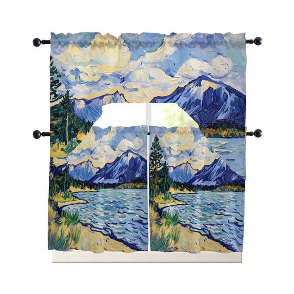 Abstract Coastal Kitchen Curtains Set for Windows 3 Piece Cafe Curtains ...