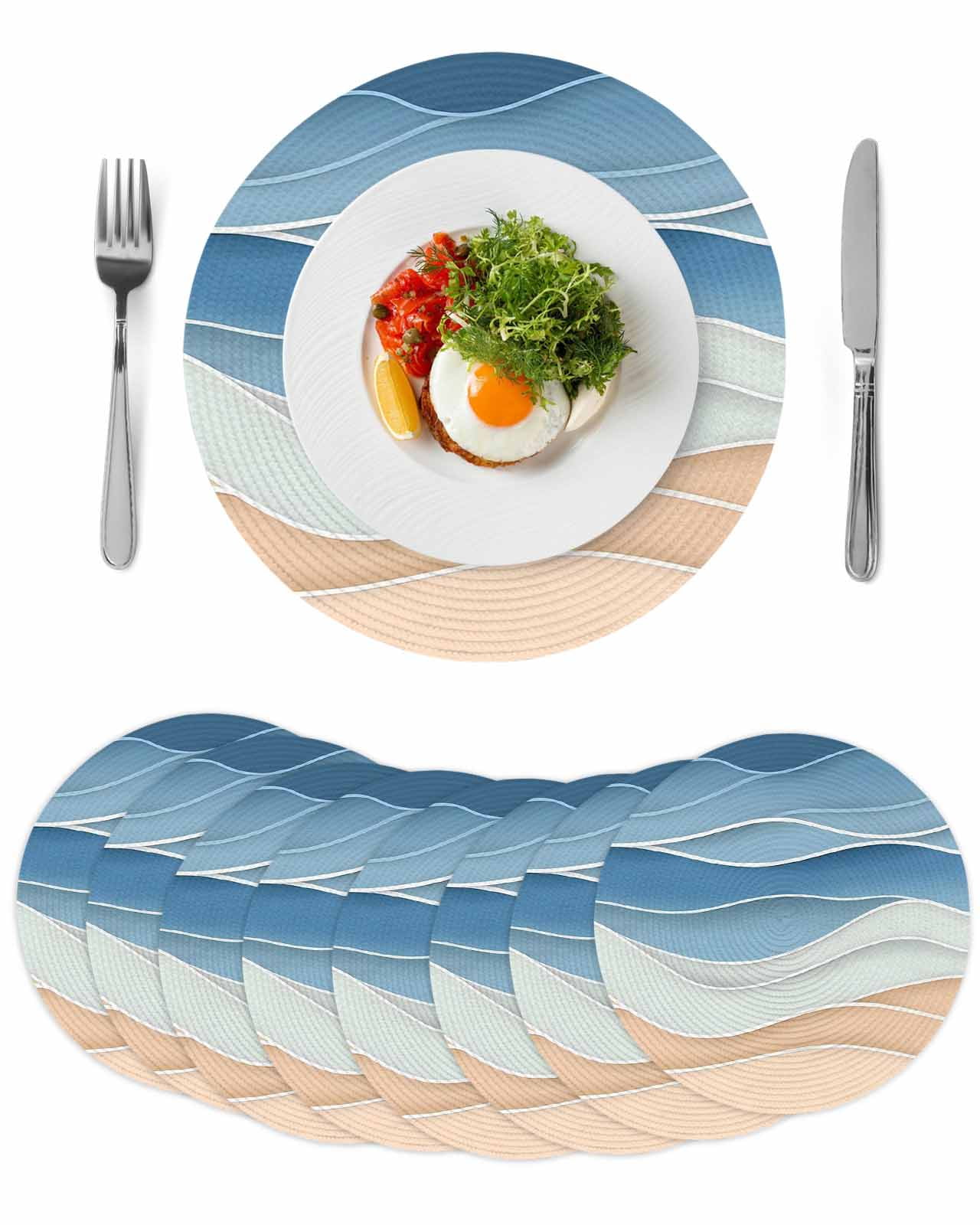 Abstract Coastal Round Table Placemats set of 8, Wave Pattern Beach ...