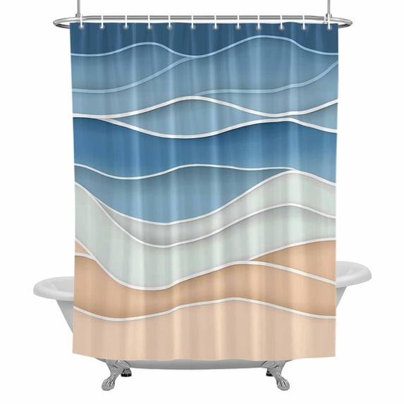 Abstract Coastal Shower Curtain Set with Hooks, Wave Pattern Beach ...
