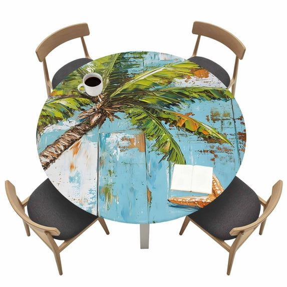Abstract Coconut Tree Round Fitted Tablecloth with Elastic Edge Retro ...