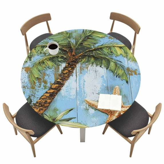 Abstract Coconut Tree Round Fitted Tablecloth with Elastic Edge Retro ...