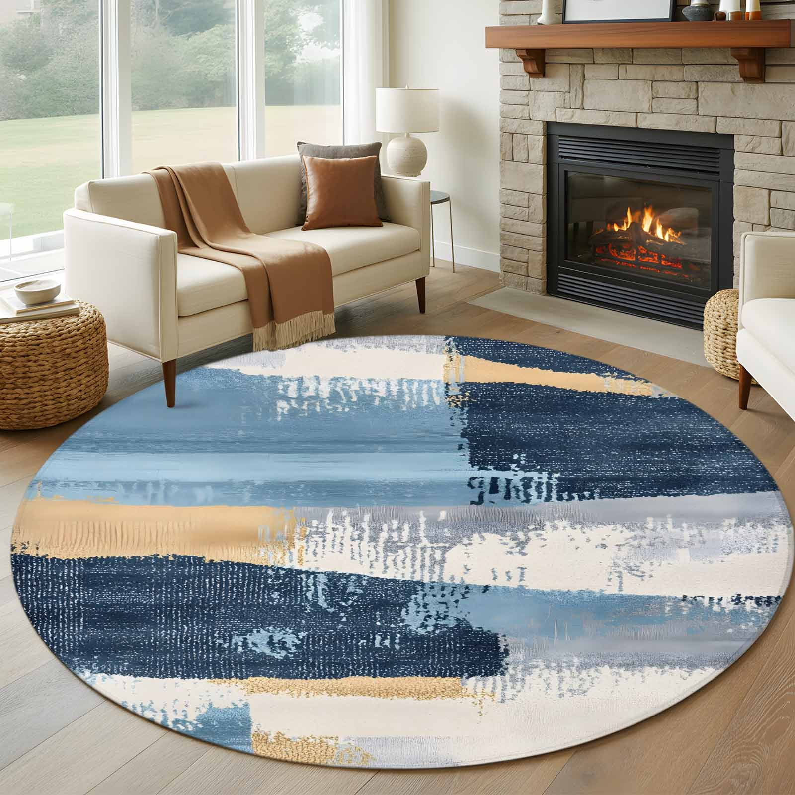 Abstract Collage Art 8FT Round Area Rugs for Living Room 111 Retro Blue ...