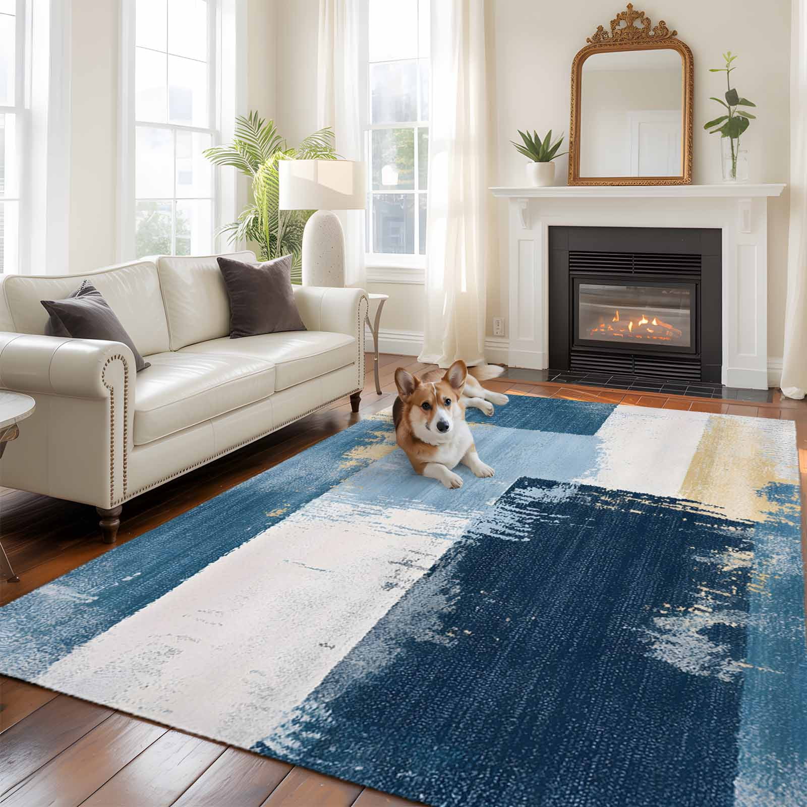 Abstract Collage Art Large Area Rugs 5x8 ft Vintage Blue Oil Painting ...