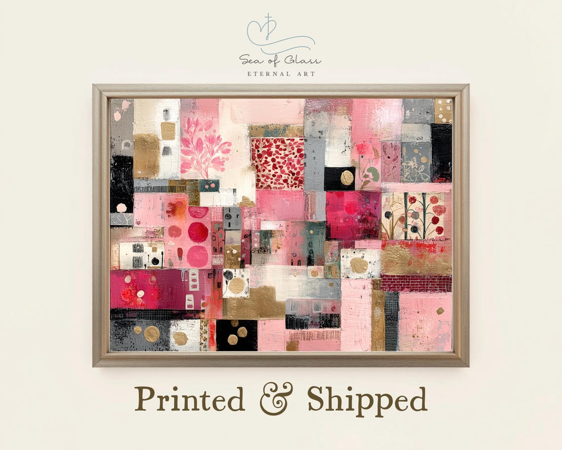 Abstract Collage Art Poster Pink, Gold, Boho Wall Decor, Unframed ...