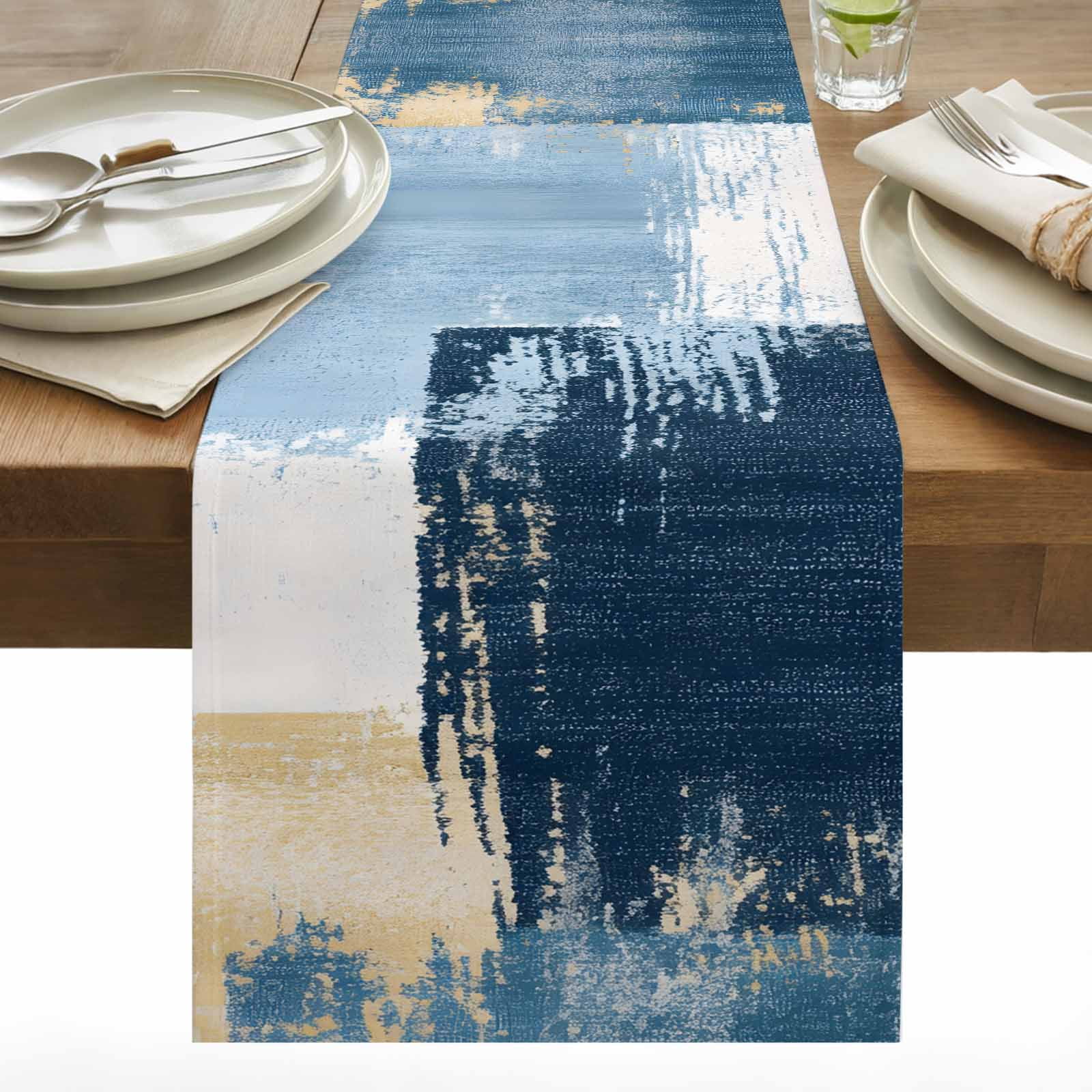 Abstract Collage Art Table Runner 13x120 inch Vintage Blue Oil Painting ...